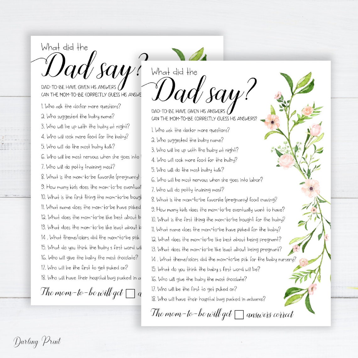 What Did the Dad Say, What Did the Daddy Say Baby Shower Game, Baby ...