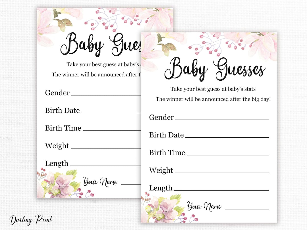 Guess Baby's Birth Stats, Pink Blush Baby Guesses Cards, Floral Baby ...