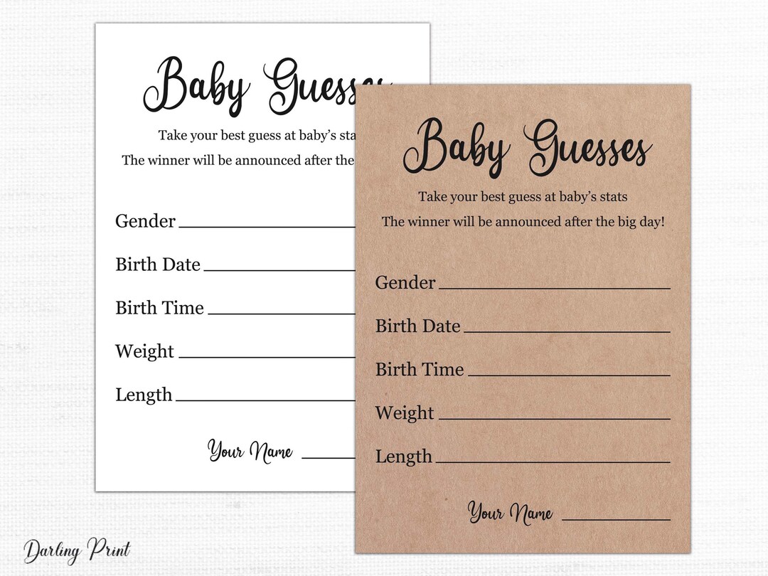 Guess Baby's Birth Stats, Baby Guesses Cards, Kraft Baby Shower Game ...