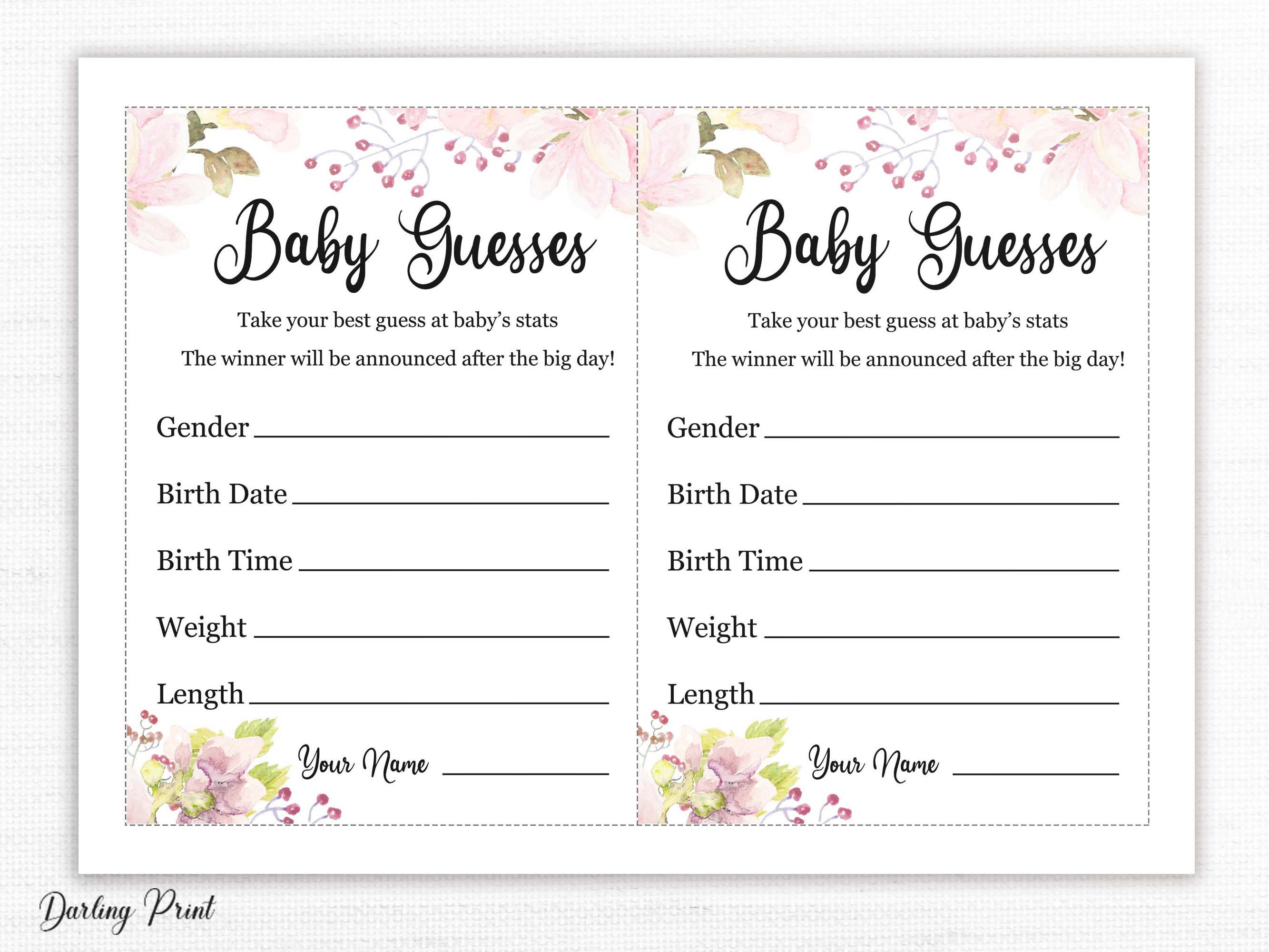 Guess Baby's Birth Stats, Pink Blush Baby Guesses Cards, Floral Baby ...