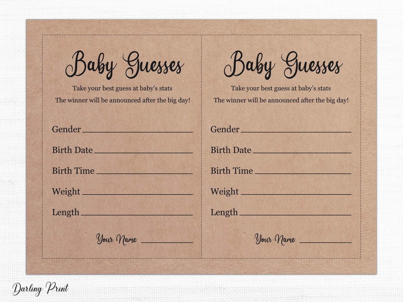 Guess Baby's Birth Stats, Baby Guesses Cards, Kraft Baby Shower Game ...
