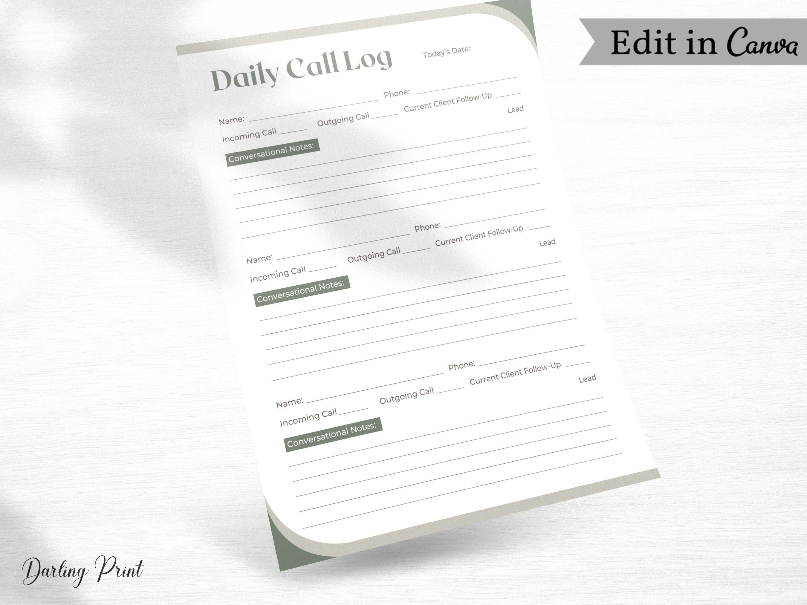 Daily Call Log, Real Estate Lead Tracker, Realtor Form, Realtor Daily ...