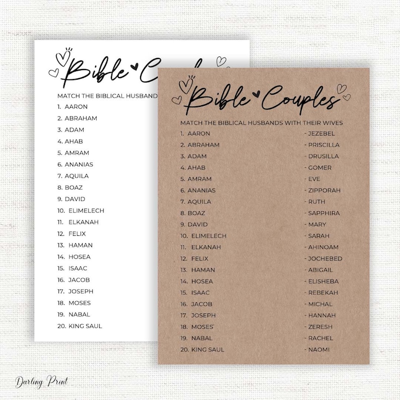 Biblical Couples Game, Bible Couples Quiz, Church Bridal Shower Games ...