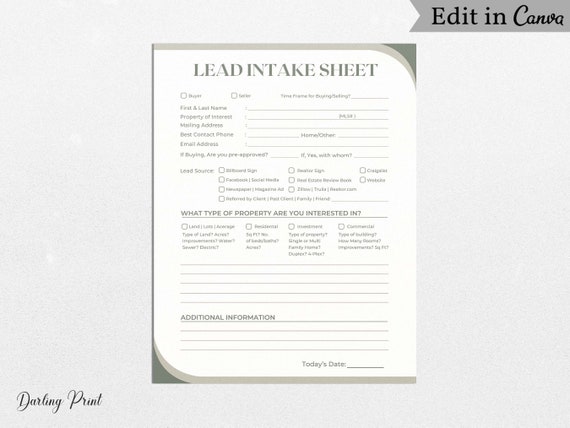Lead Intake Sheet for Realtors Lead Tracking Forms Real | Etsy