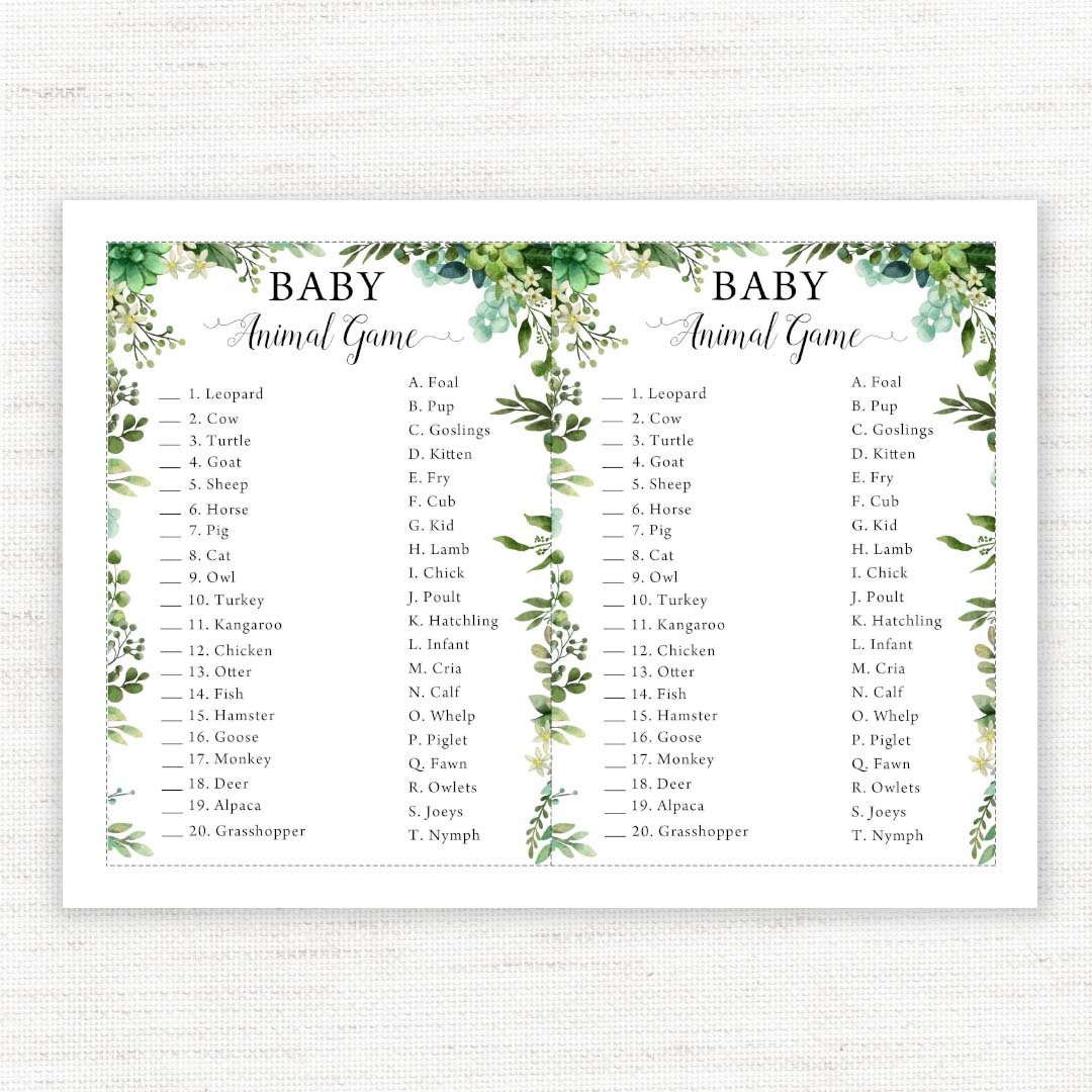 Baby Animal Game Baby Shower, Name That Baby Animal Shower Games, Leaf ...