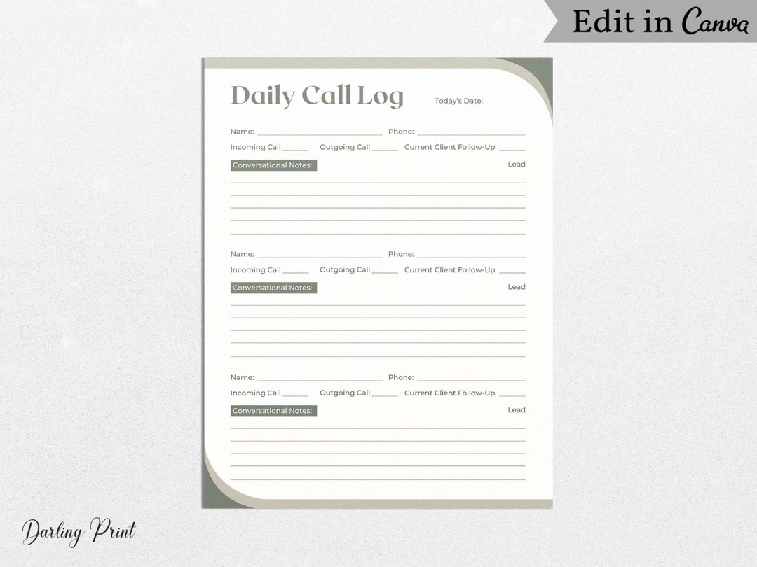 Daily Call Log, Real Estate Lead Tracker, Realtor Form, Realtor Daily ...