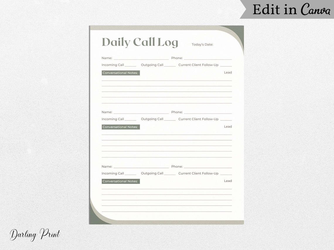 Daily Call Log, Real Estate Lead Tracker, Realtor Form, Realtor Daily ...