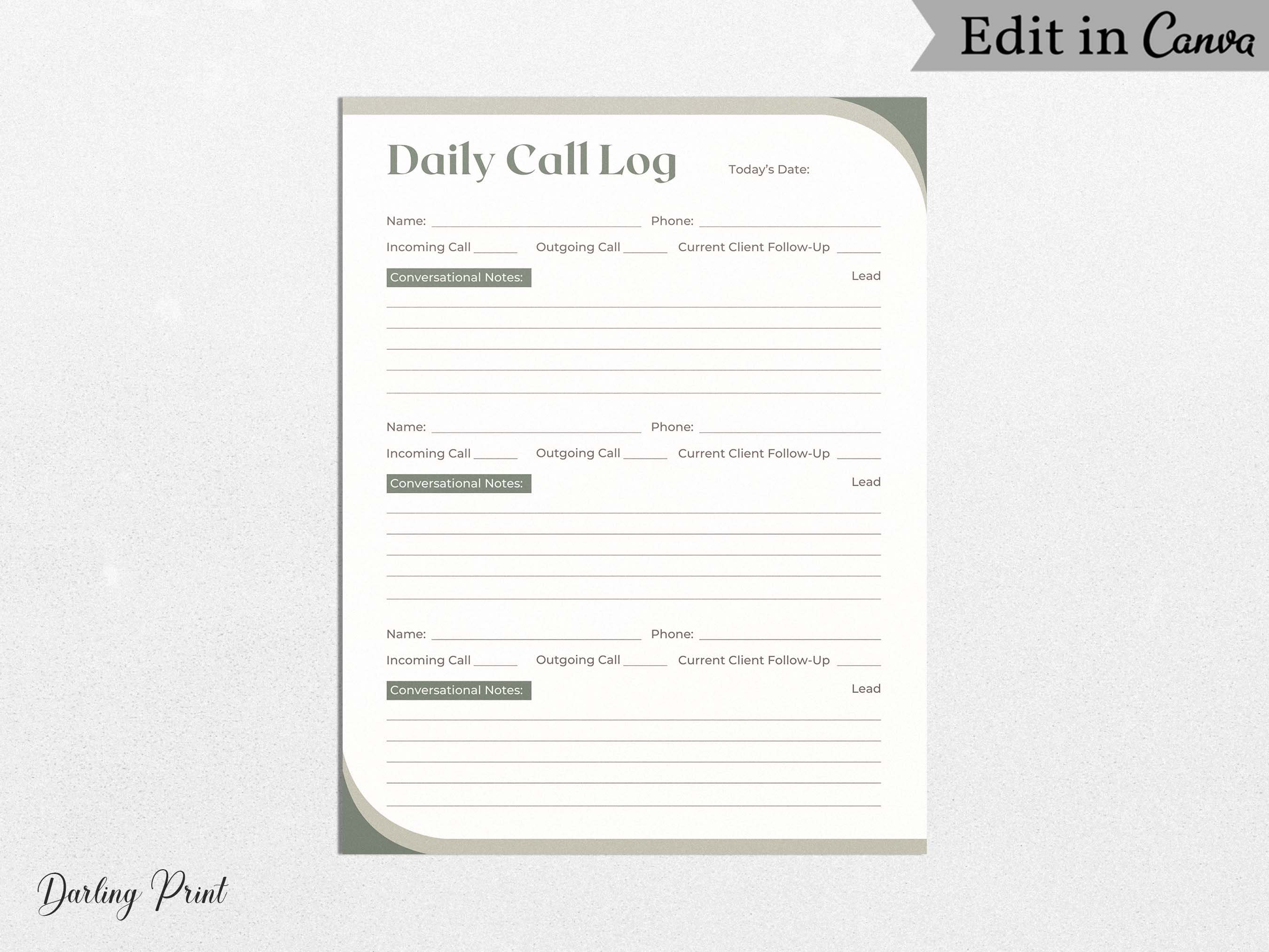 Daily Call Log, Real Estate Lead Tracker, Realtor Form, Realtor Daily ...