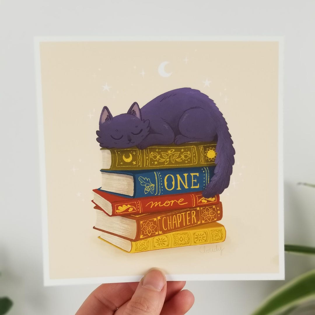 Cute Cat on a Pile of Books Art Print / "one More Chapter" / Book Lover ...