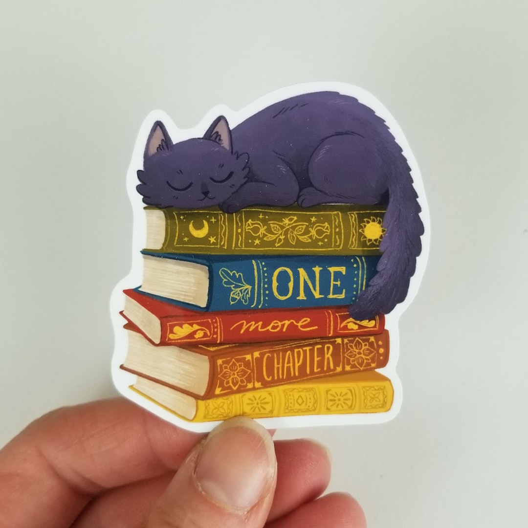Cute Cat on a Pile of Books Vinyl Sticker / "one More Chapter ...
