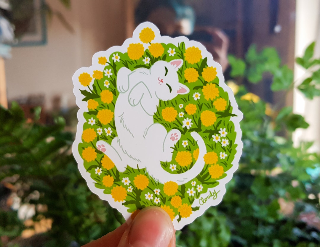 Cute White Cat Vinyl Sticker / Cat With Yellow Dandelions / Waterproof ...