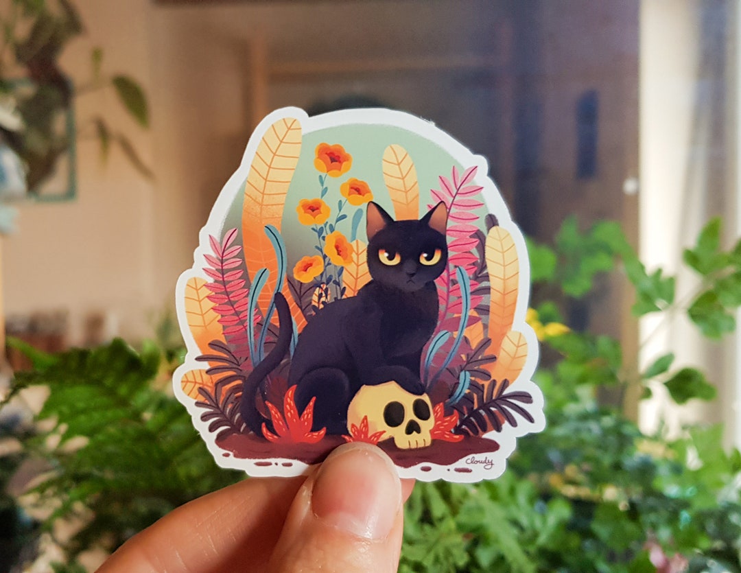 Black Cat With Skull Vinyl Sticker / Cute Cat With Fall Color Plants ...