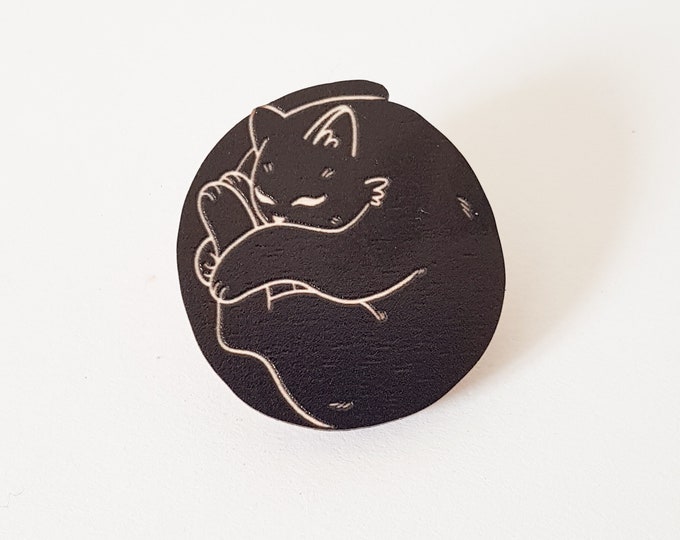 Cute Cat Pin / Curled up Sleeping Black Cat Wooden Brooch / Gift for ...