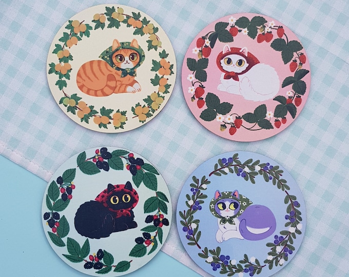 4 Coaster Set / berry Babushcats / Cozy Babushka Cats / Cute ...