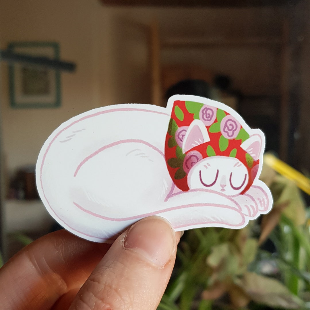Sleeping White Cat Vinyl Sticker / Babushka Cat / Waterproof Sticker ...