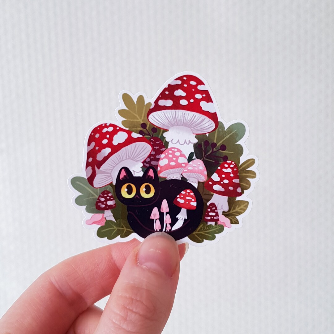 Black Cat With Mushrooms Vinyl Sticker / Cute Mushroom Art / Waterproof ...
