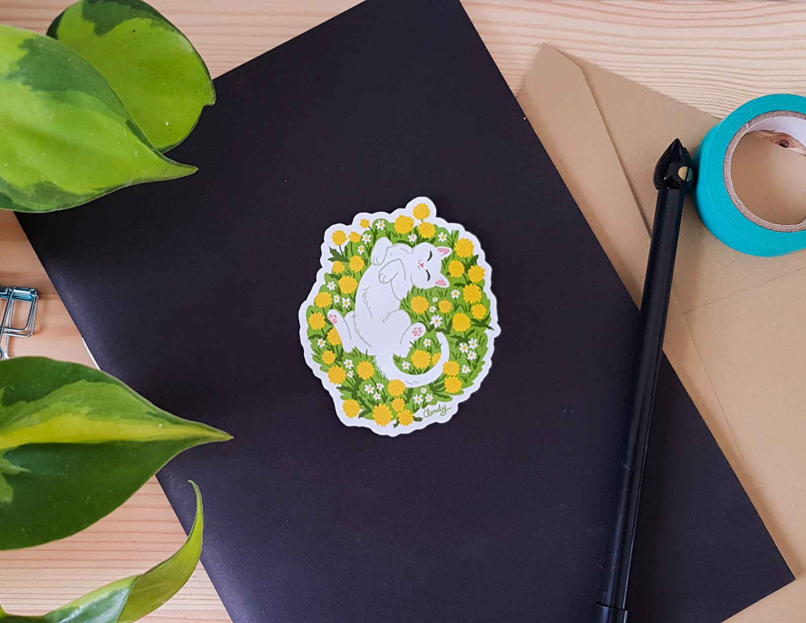 Cute White Cat Vinyl Sticker / Cat With Yellow Dandelions / Waterproof ...
