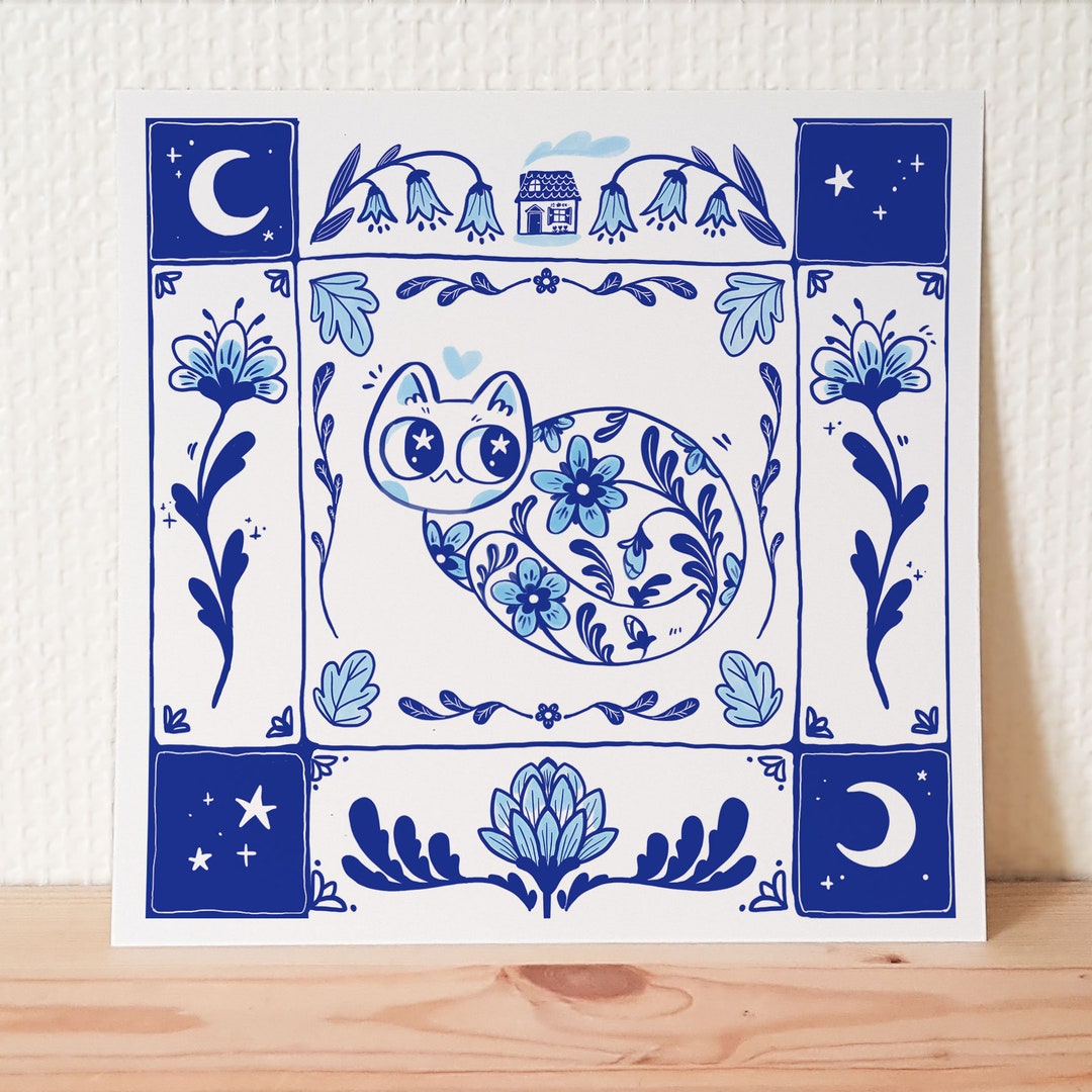 Blue and White Cat on a Porcelain Tile Art Print / Cute Cat Wall Art - Etsy