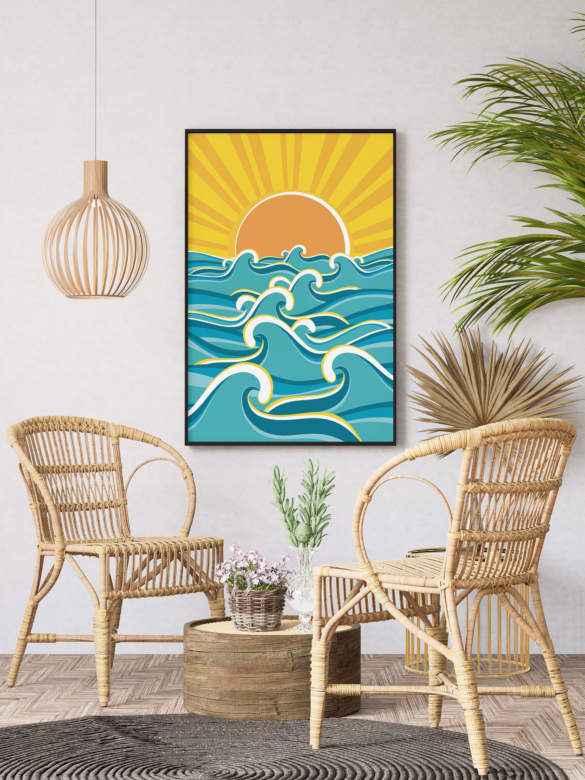 Abstract Boho Sun Prints, Ocean Waves Illustration, Printable Wall Art ...