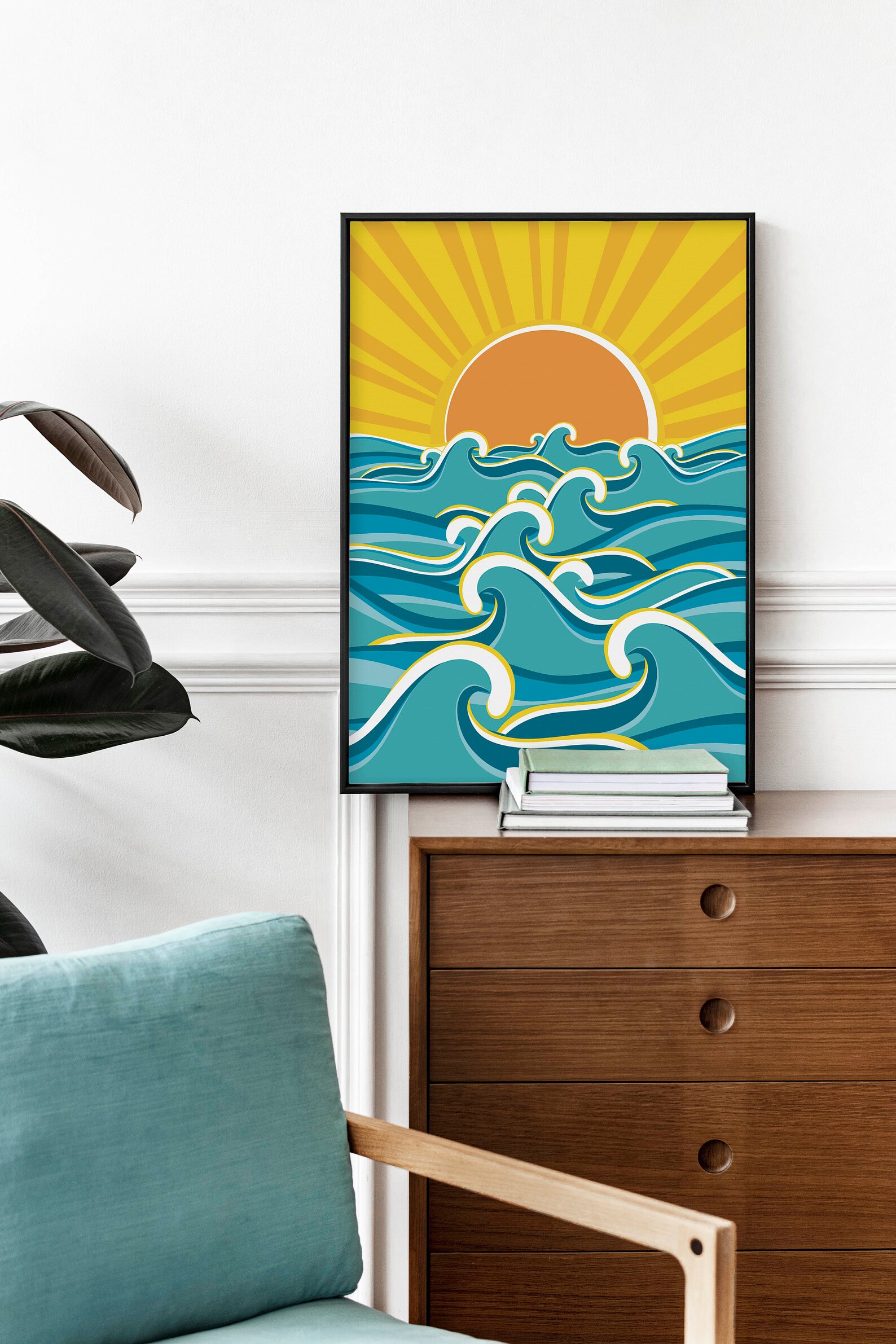 Abstract Boho Sun Prints, Ocean Waves Illustration, Printable Wall Art ...