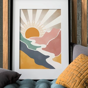 Boho Sun Print, Printable Wall Art, Mid Century Print, One Line Sketch ...