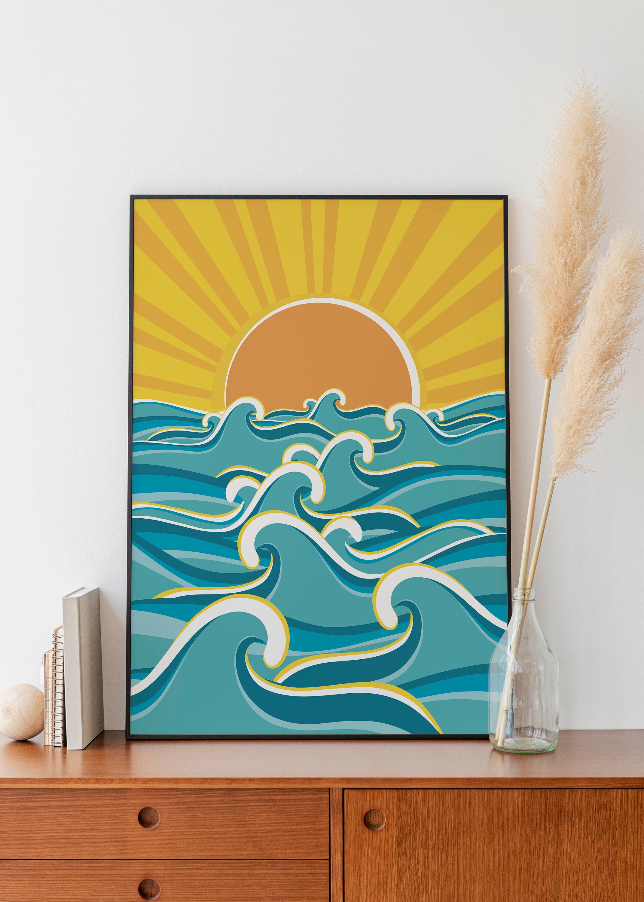Abstract Boho Sun Prints, Ocean Waves Illustration, Printable Wall Art ...