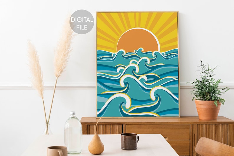 Abstract Boho Sun Prints, Ocean Waves Illustration, Printable Wall Art ...
