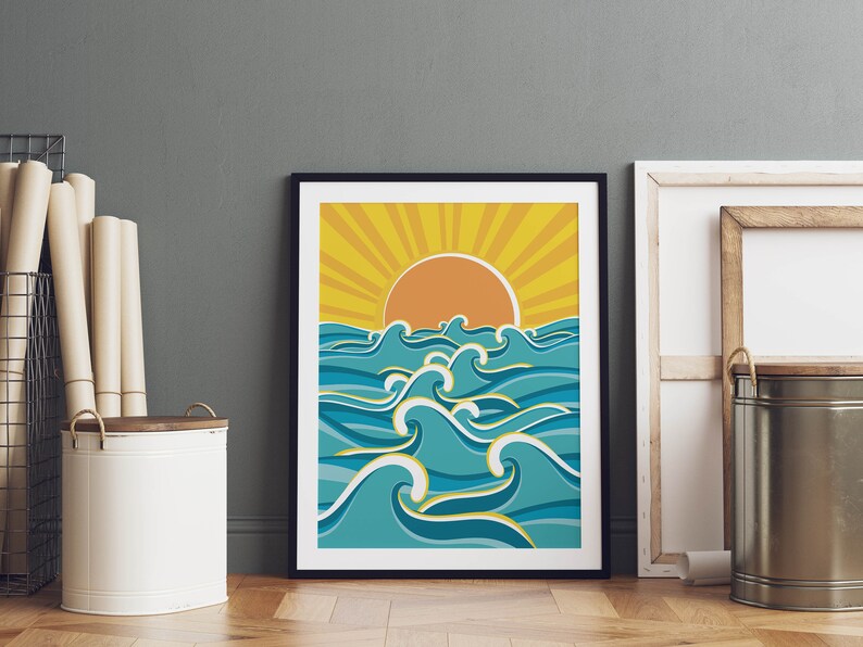 Abstract Boho Sun Prints, Ocean Waves Illustration, Printable Wall Art ...