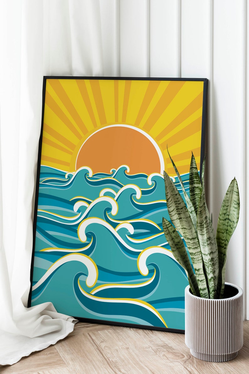 Abstract Boho Sun Prints, Ocean Waves Illustration, Printable Wall Art ...