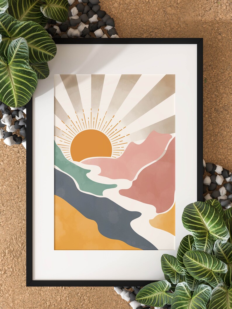 Boho Sun Print, Printable Wall Art, Mid Century Print, One Line Sketch ...