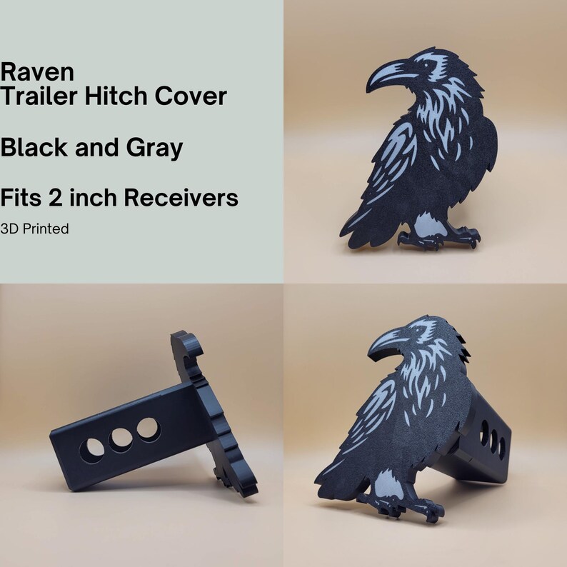 3D Printed Raven Trailer Hitch Cover, Black and Gray, 2-inch Receiver ...