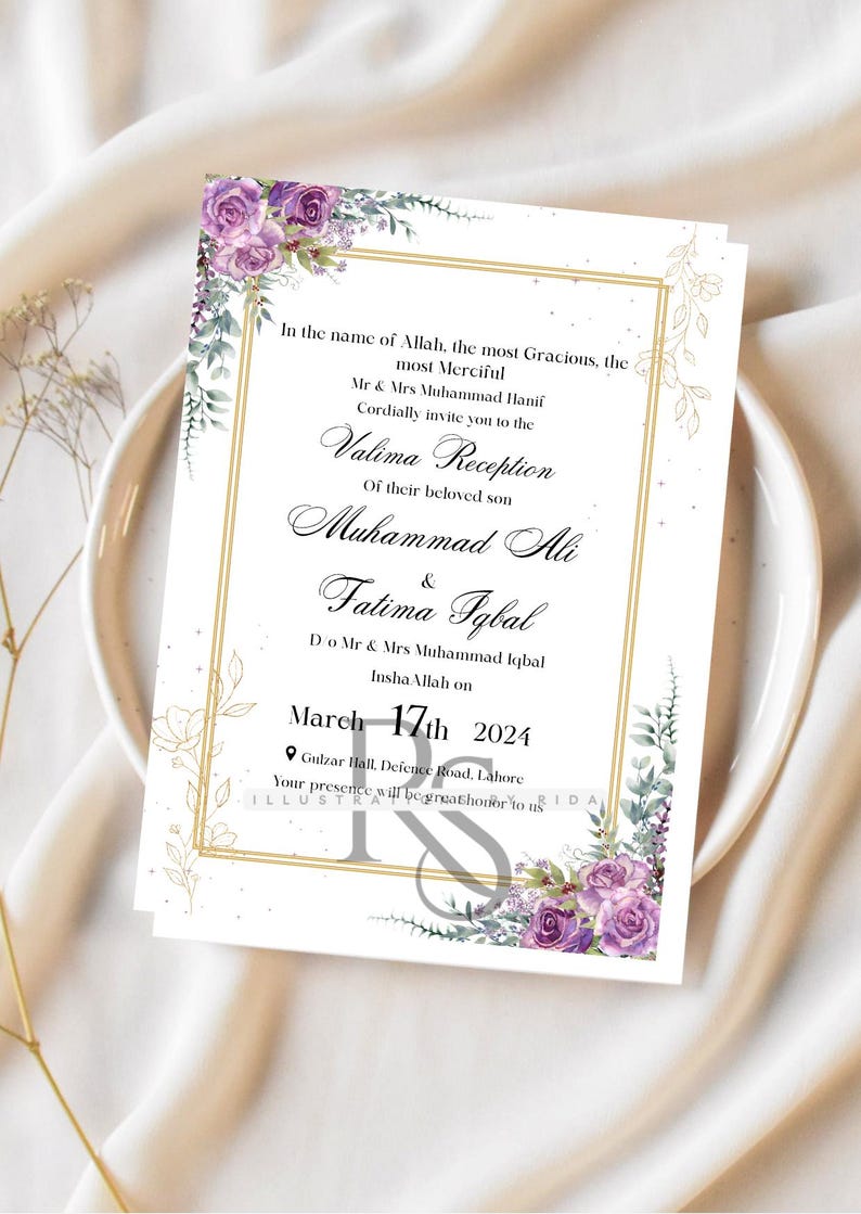 Valima Invitation Template | Purple Floral Wedding Invite | Editable ...