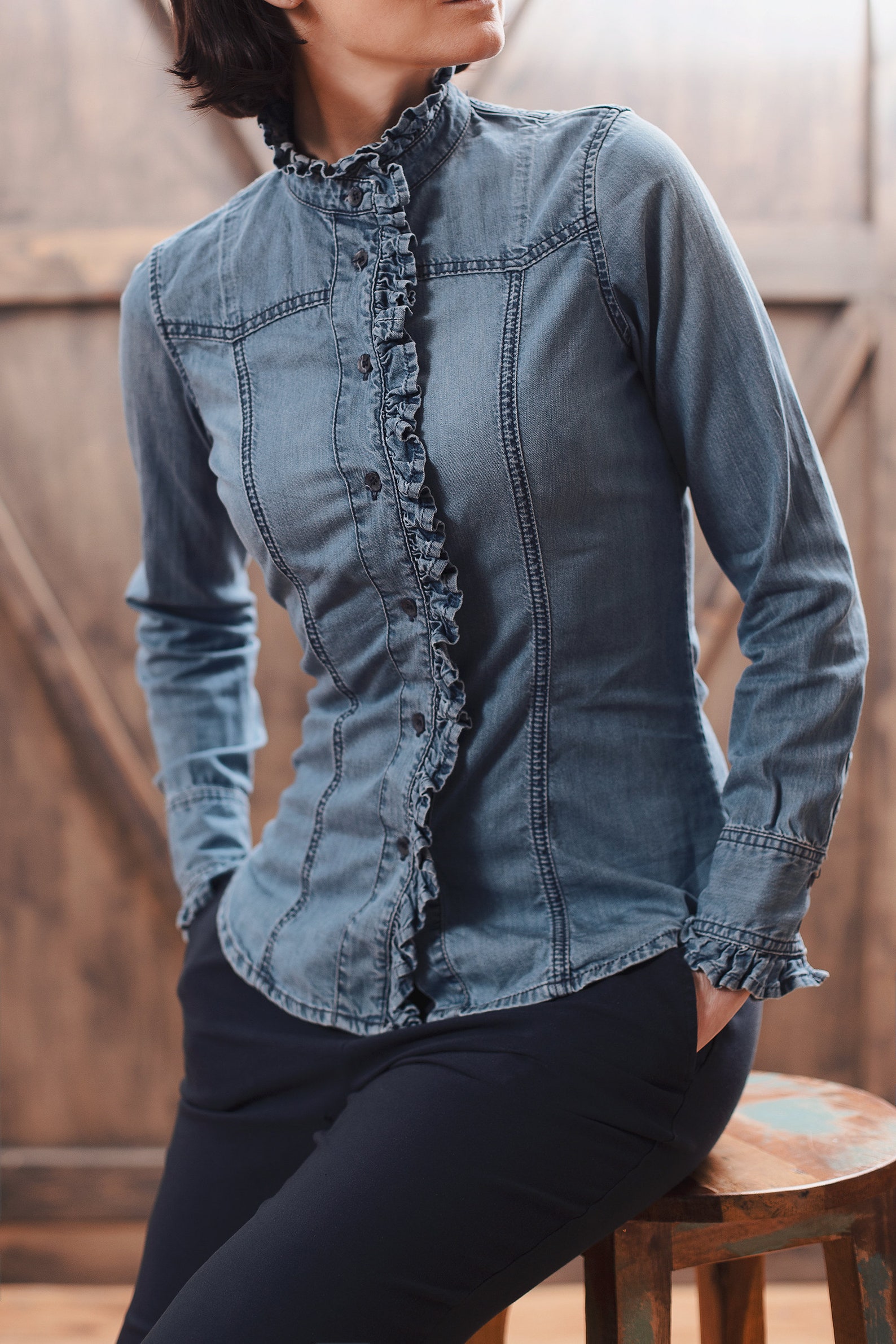 Vintage Blue Denim Like Stretchy Fitting Blouse Top With Ruffled ...