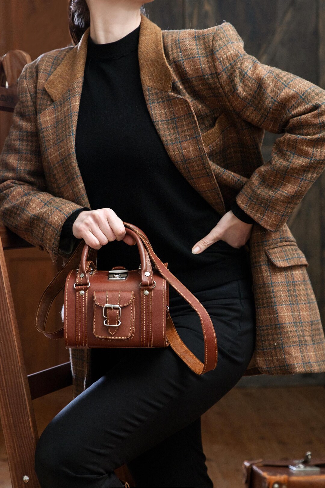 Vintage Brown Handbag With Two Handles, Shoulder Strap, Decorative ...
