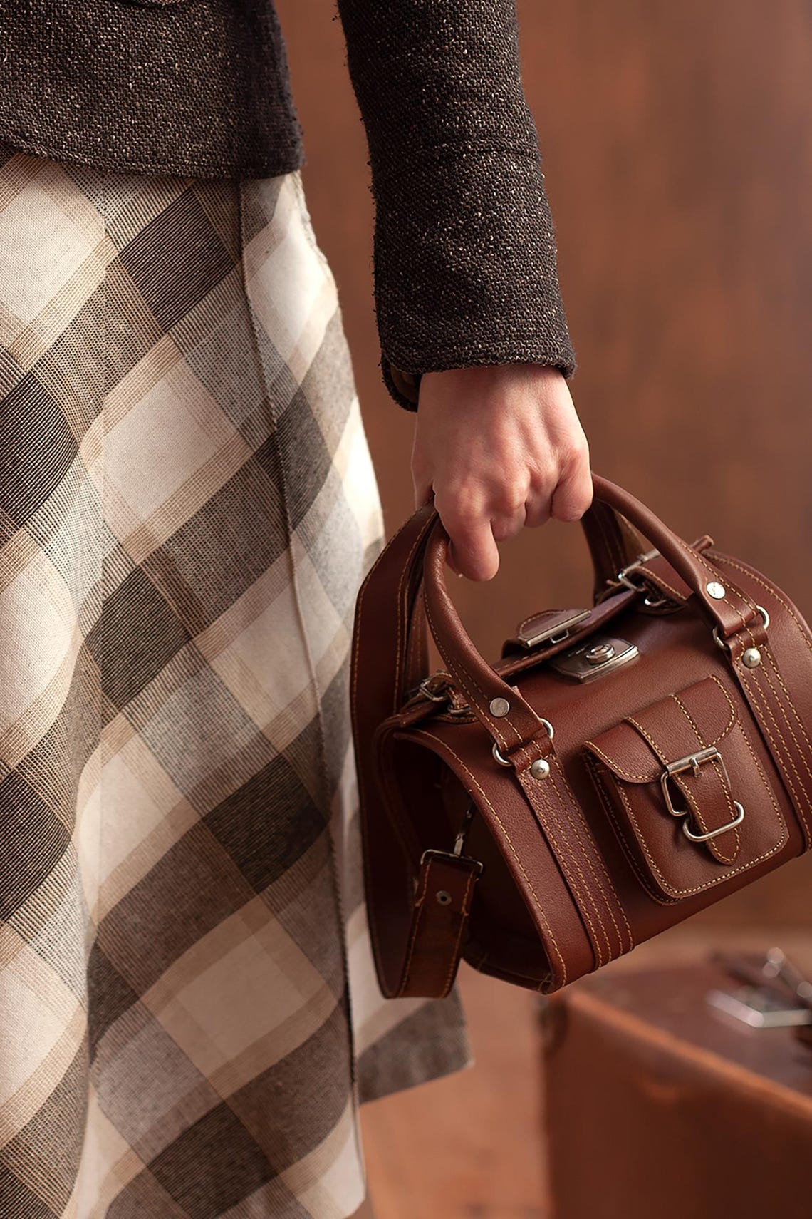 Vintage Brown Handbag With Two Handles, Shoulder Strap, Decorative ...