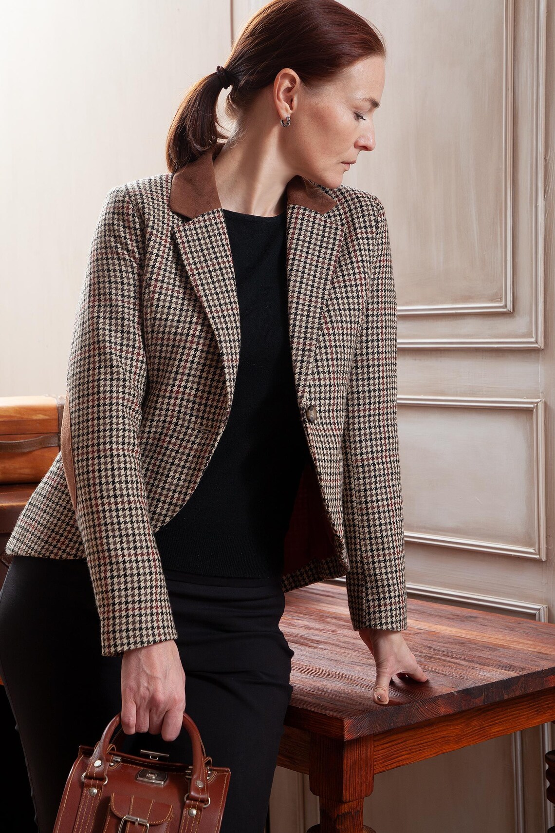Vintage Brown White Checkered Jacket With Extended Back, Size 38 - Etsy
