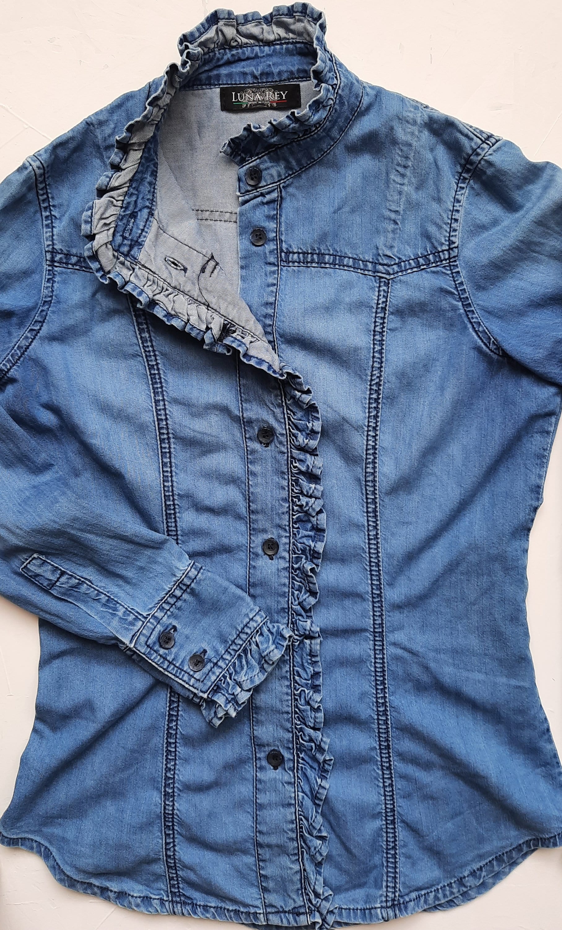 Vintage Blue Denim Like Stretchy Fitting Blouse Top With Ruffled ...