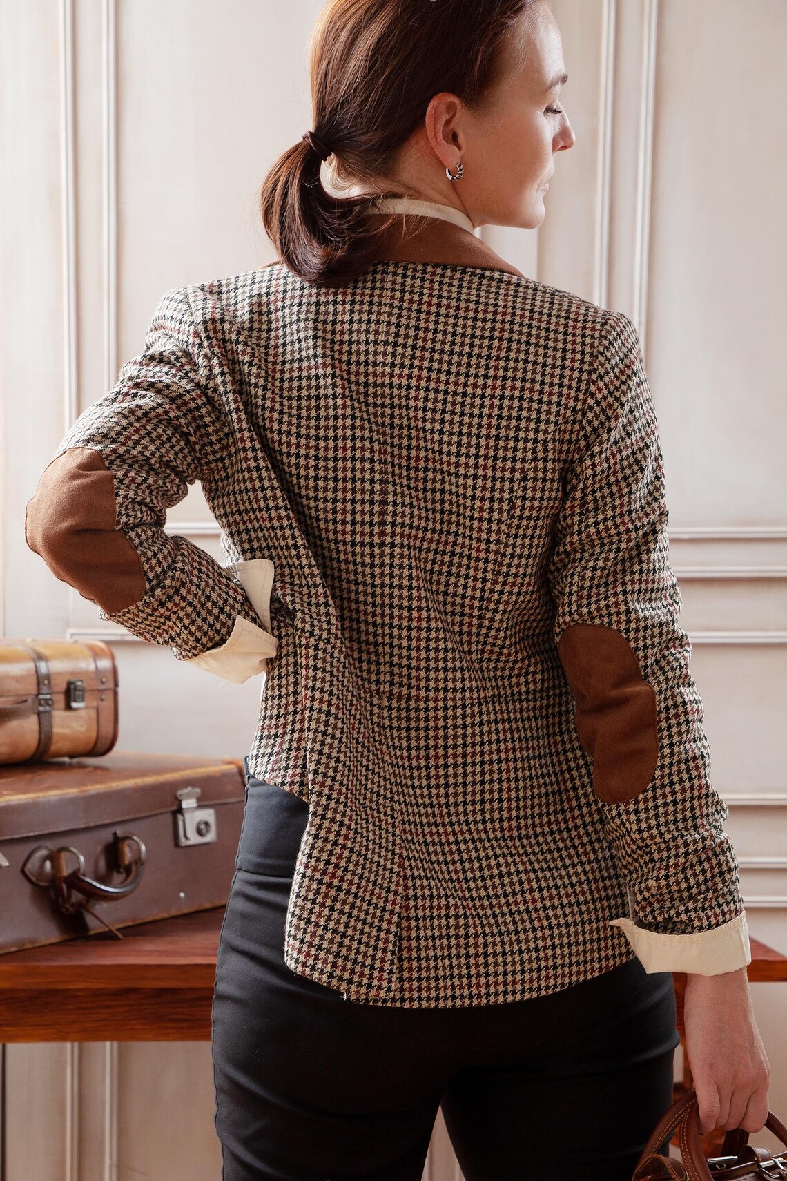 Vintage Brown White Checkered Jacket With Extended Back, Size 38 - Etsy