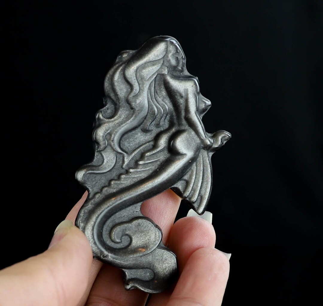 3” Silver Obsidian Mermaid, Mermaid Carving, Natural Obsidian Crystal ...