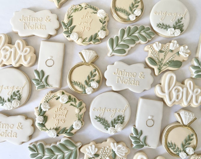 One Dozen Bridal Cookies - Greenery and Gold Boho Eucalyptus- Succulent ...