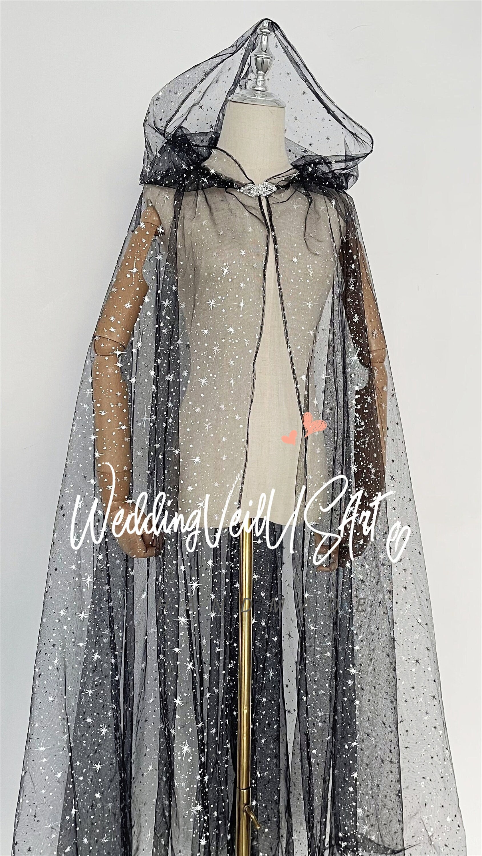 Starry Silver Stars Black Cloak Wedding Cape Sparkly Cape Hooded Cape ...