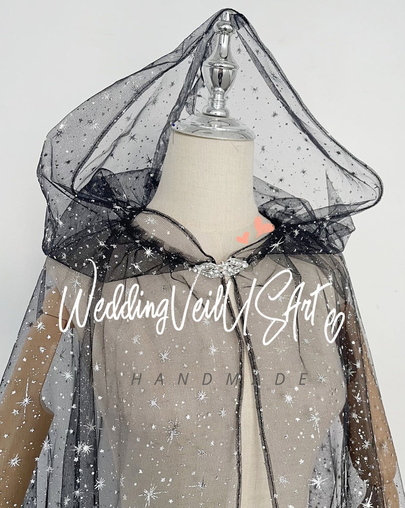 Starry Silver Stars Black Cloak Wedding Cape Sparkly Cape Hooded Cape ...
