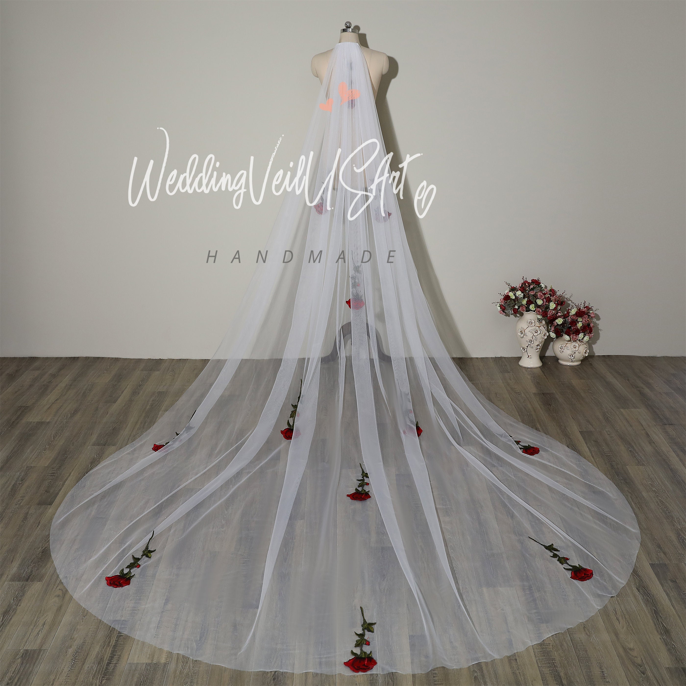 Unique Rose Outdoor Flowery Veil Romantic Red Rose Wedding Veil ...