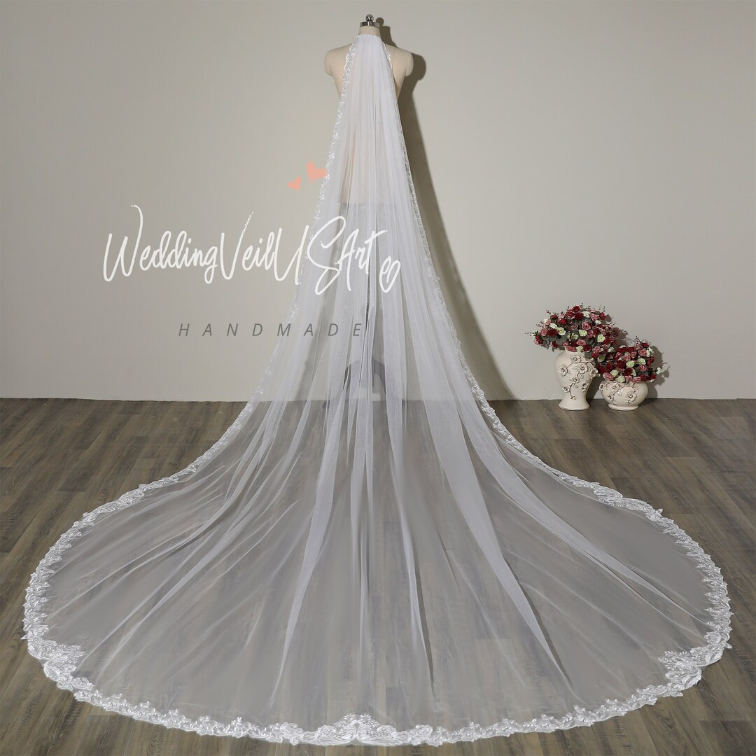 Vintage Drop Veil Lace Flowers Edge Veil With Comb Ivory Veil Chapel ...