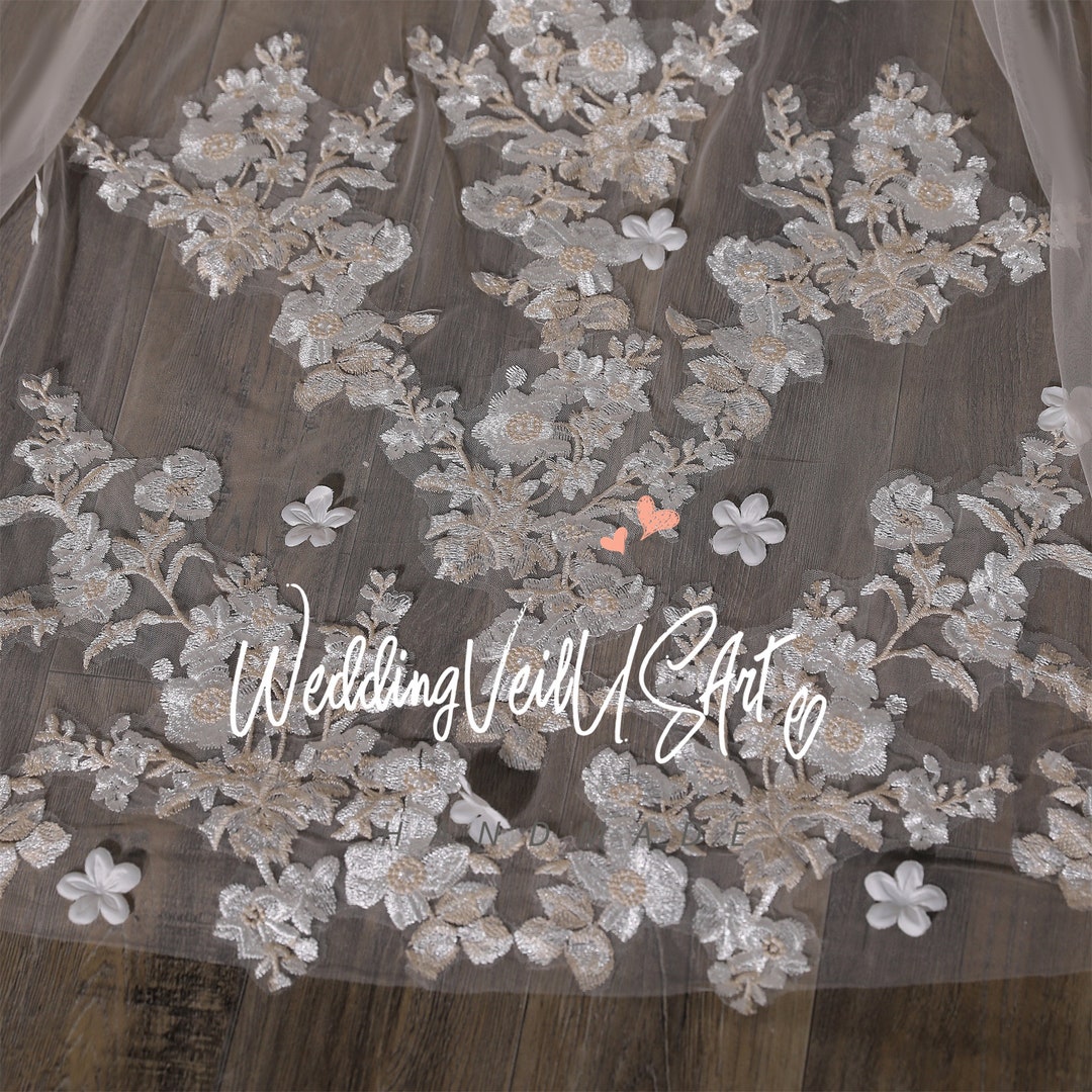 Champagne Floral Lace Veil With Blusher 3D Flower Chapel Length Soft ...