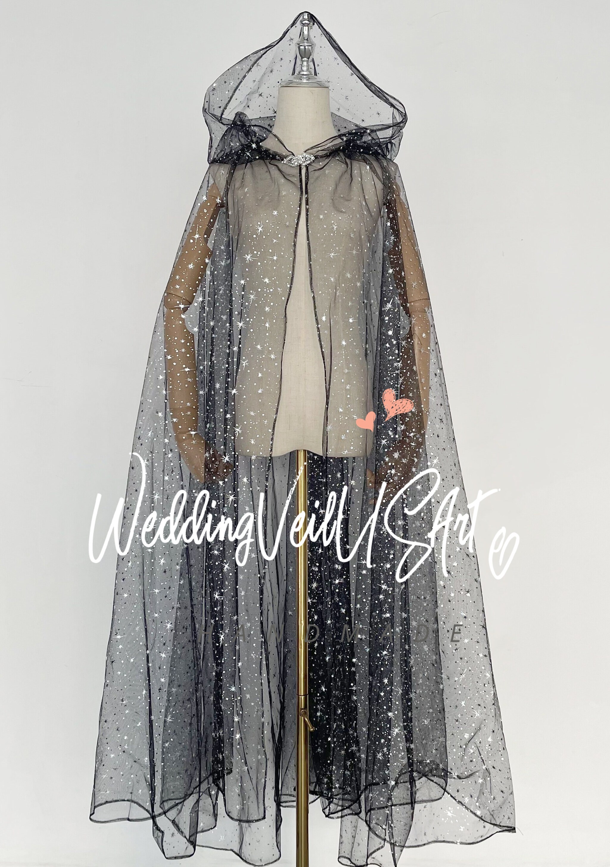 Starry Silver Stars Black Cloak Wedding Cape Sparkly Cape Hooded Cape ...