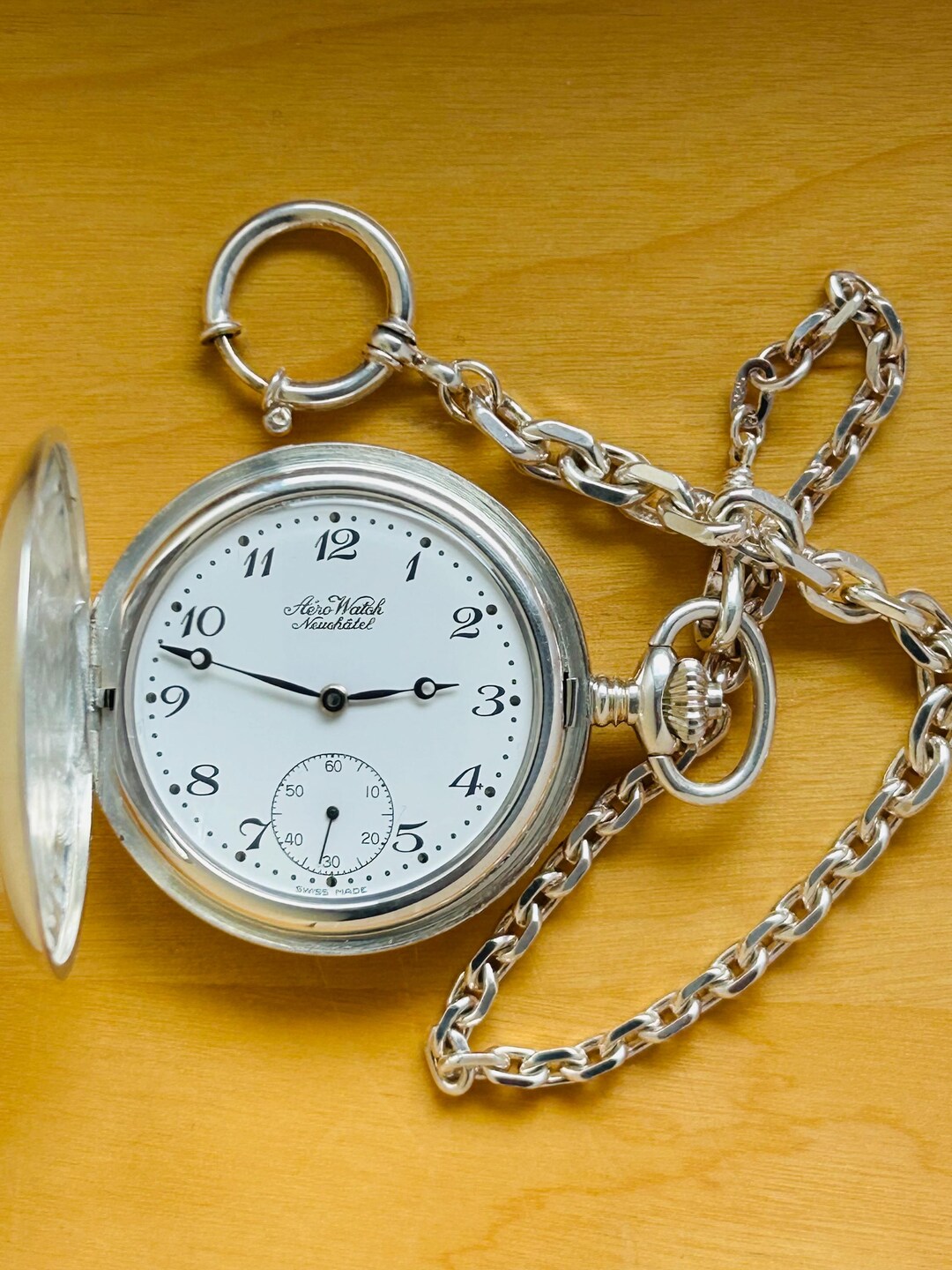 2T806 Aero Watch Neuchatel Sterling Silver Full Hunter Pocket Watch and ...