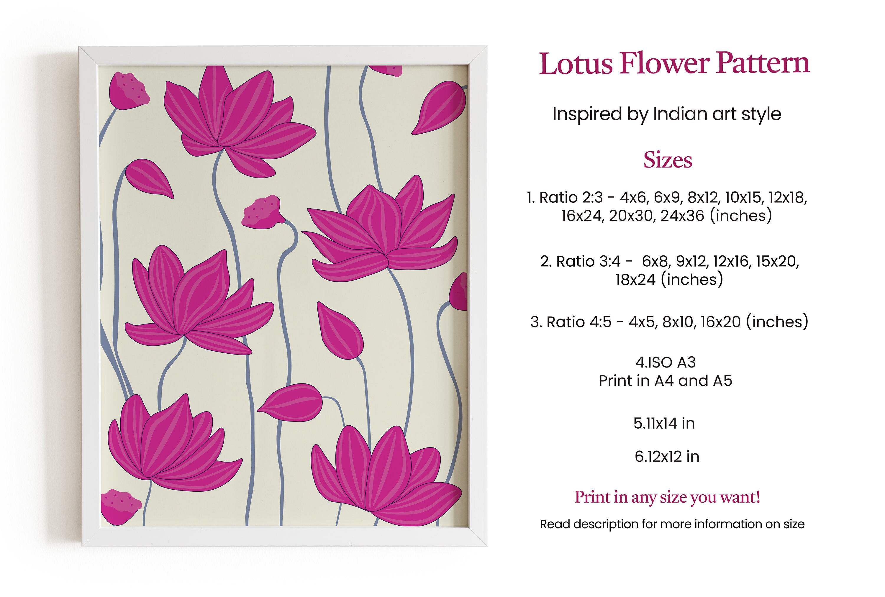 LOTUS PATTERN Art, Indian Inspired Floral Pattern for Print, Pink Lotus ...