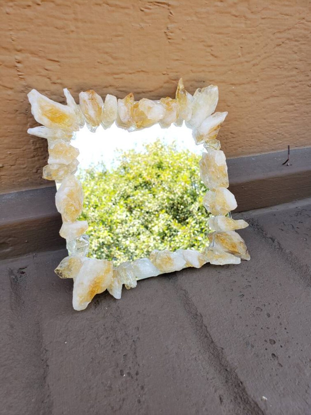 Upcycled Square Craft Mirror Candle Plate With Citrine Crystal Points ...
