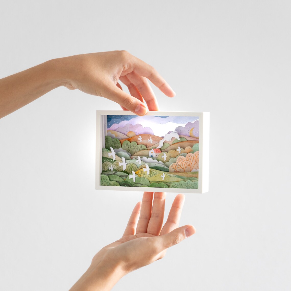 Diorama Template Pdf Svg Jpg Sunset Meadow Landscape With Small Cottage